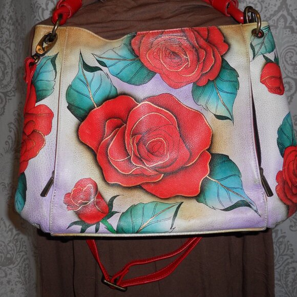 Anuschka | Bags | Anuschka Painted Leather Red Roses Shoulder Bag ...